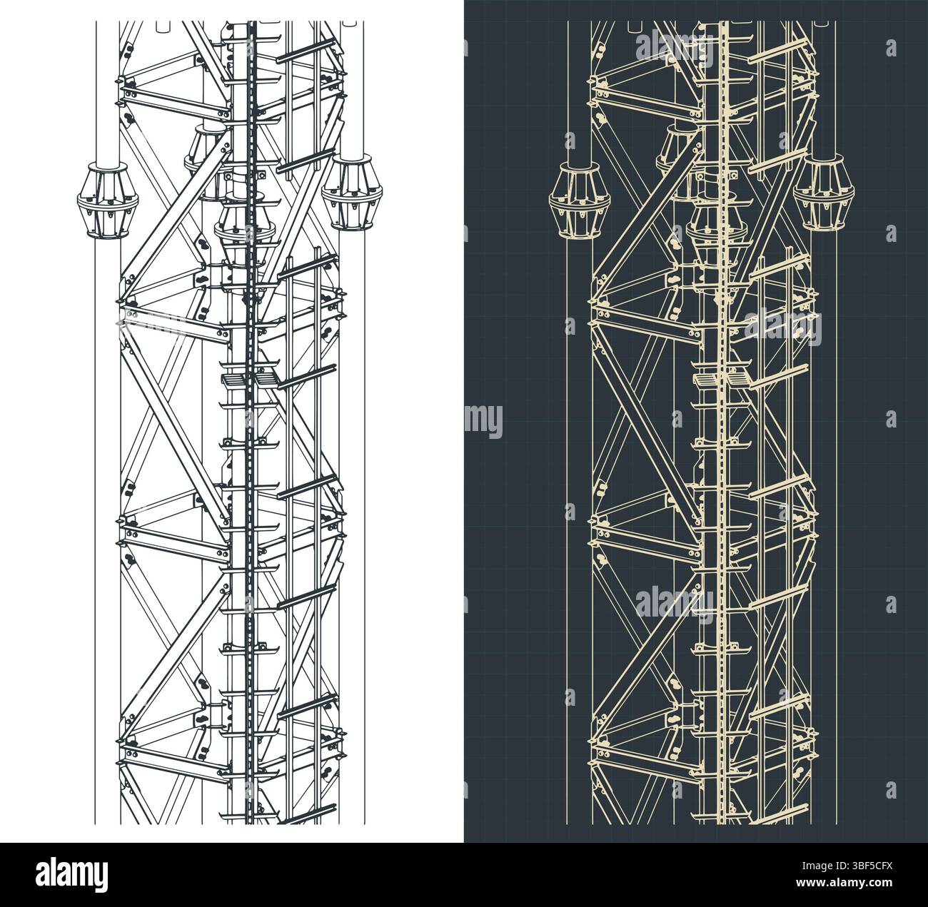 Isometric drawings of cell tower supports close-up stylized vector ...