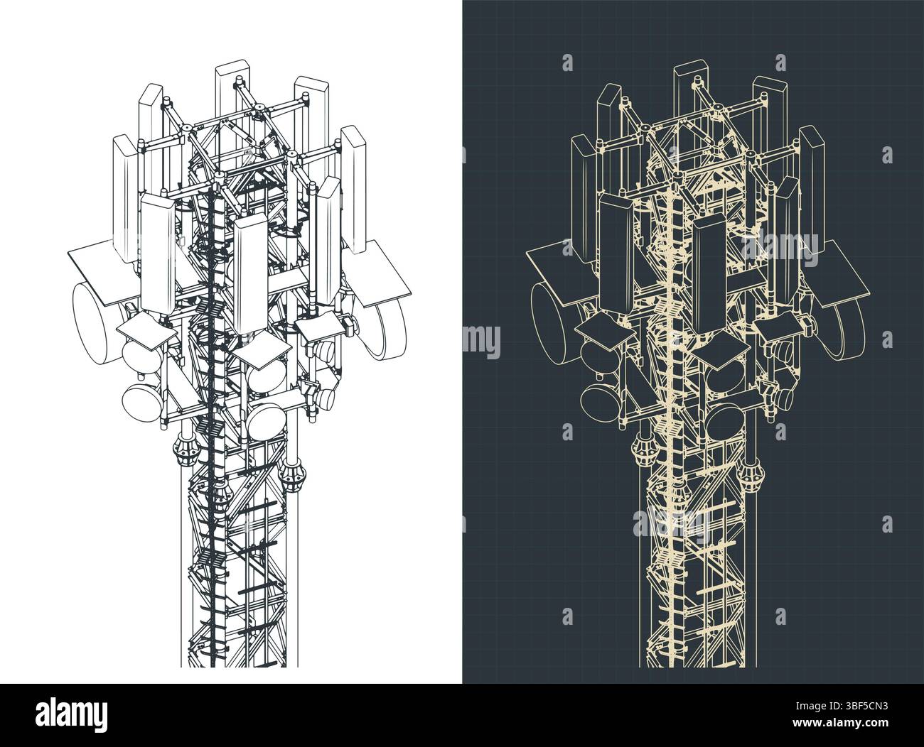 High telecommunication tower isometric blueprints, stylized vector ...