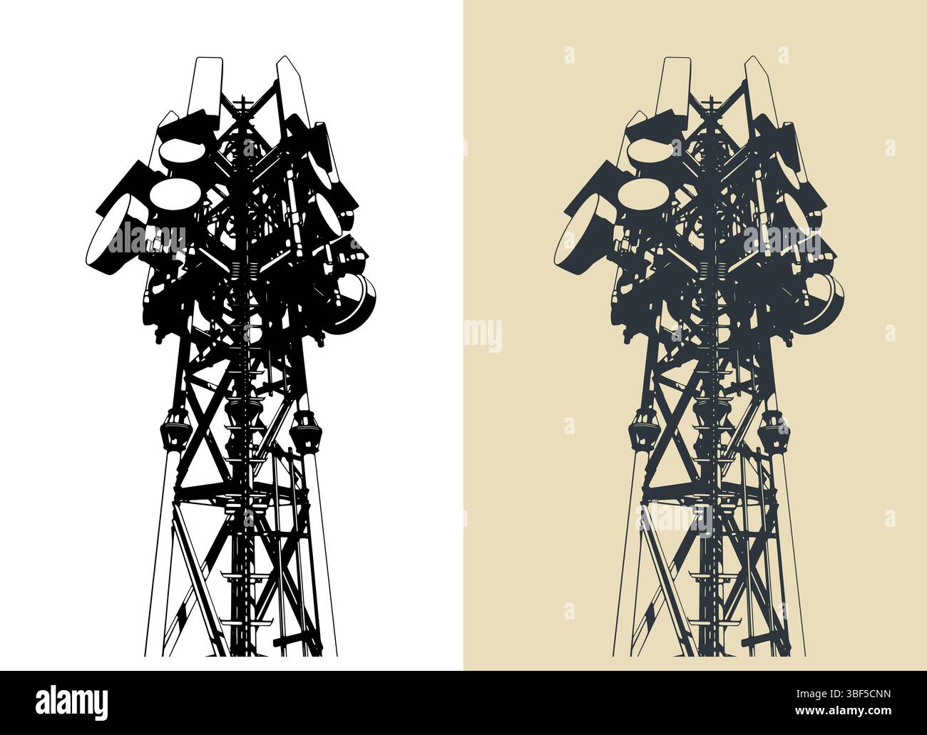 High telecommunication tower close-up, stylized vector illustrations ...