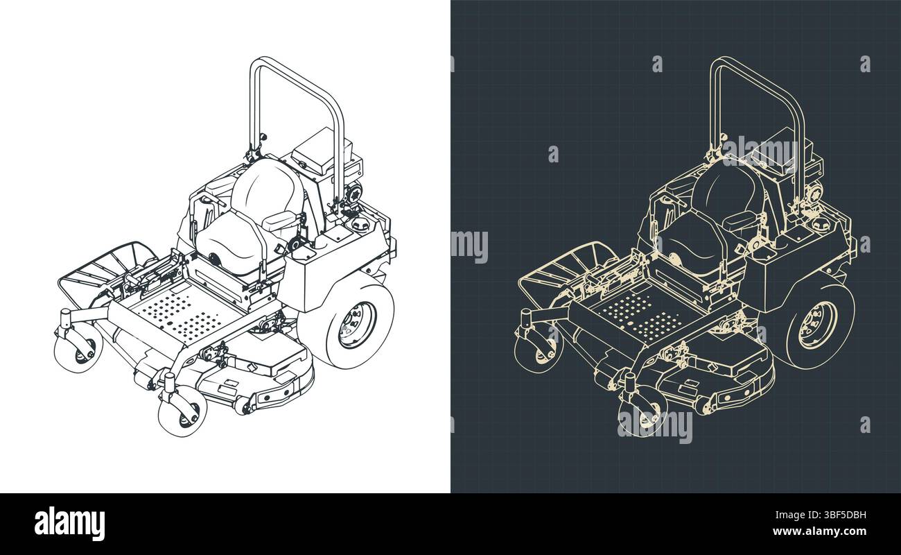 Riding zero-turn mower isometric blueprints stylized vector ...