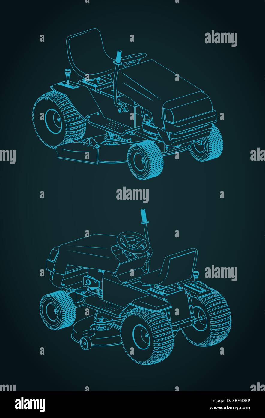 Mini tractor lawn mower isometric blueprints stylized vector ...