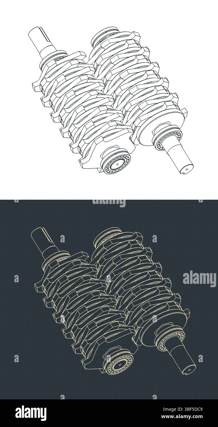 Two shaft shredder blades isometric blueprints stylized vector ...