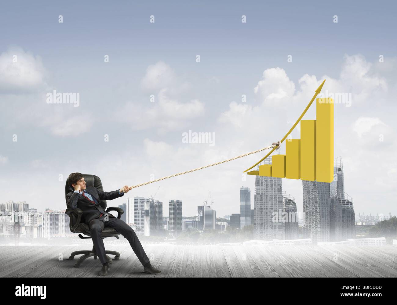 Man pulling with effort big pulling rope graph, as a symbol of ...