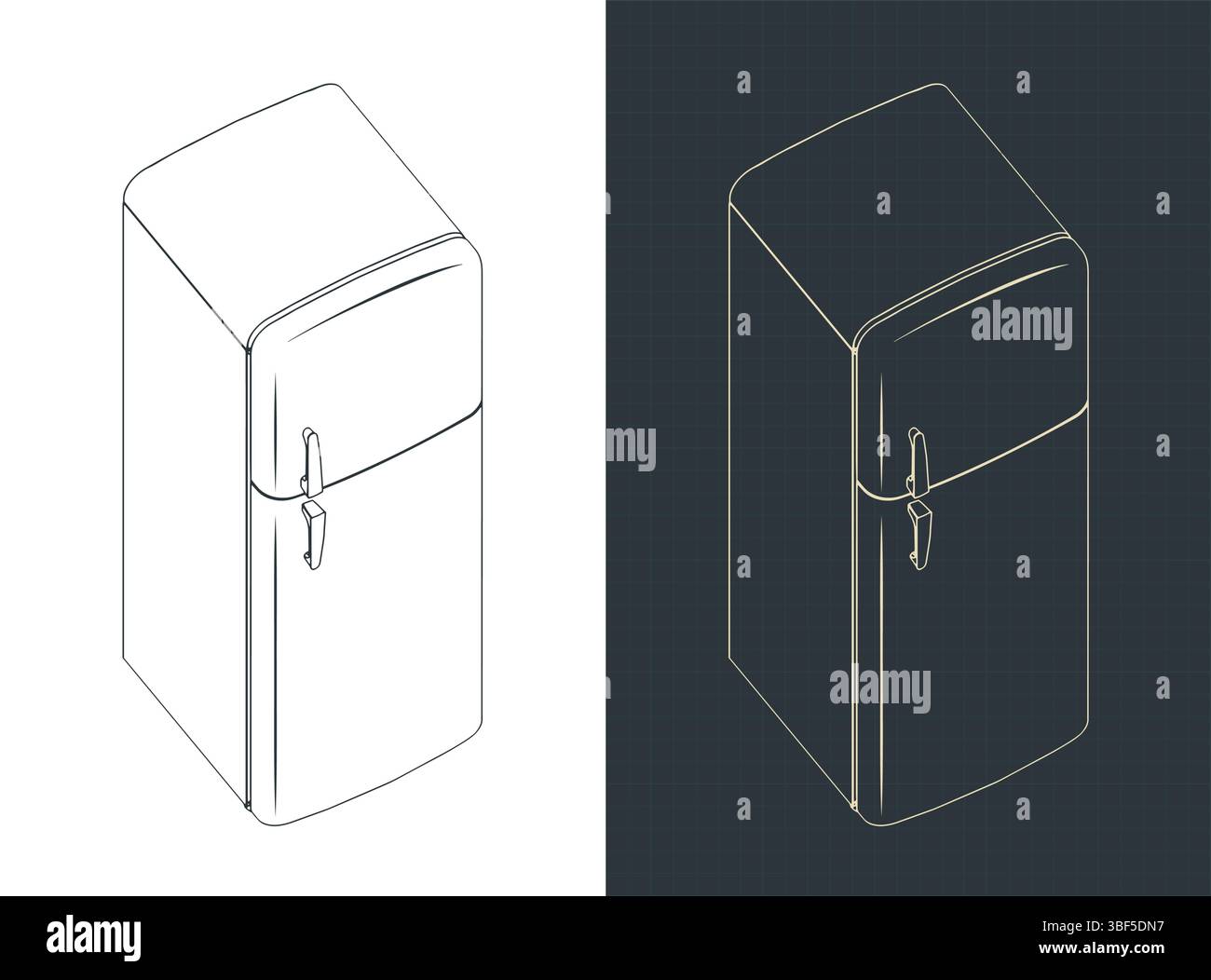 Retro refrigerator isometric blueprints stylized vector illustrations ...