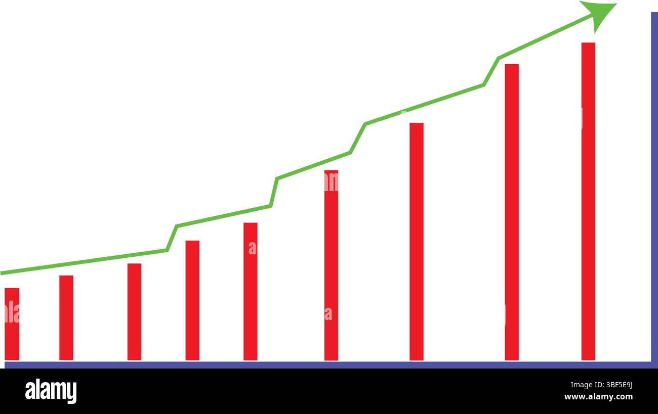 Red column chart with green line graph for financial growth, business ...