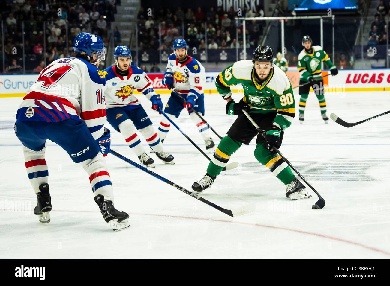 London Knights' Landon Sim (90) shoots on net while defended by Moncton ...