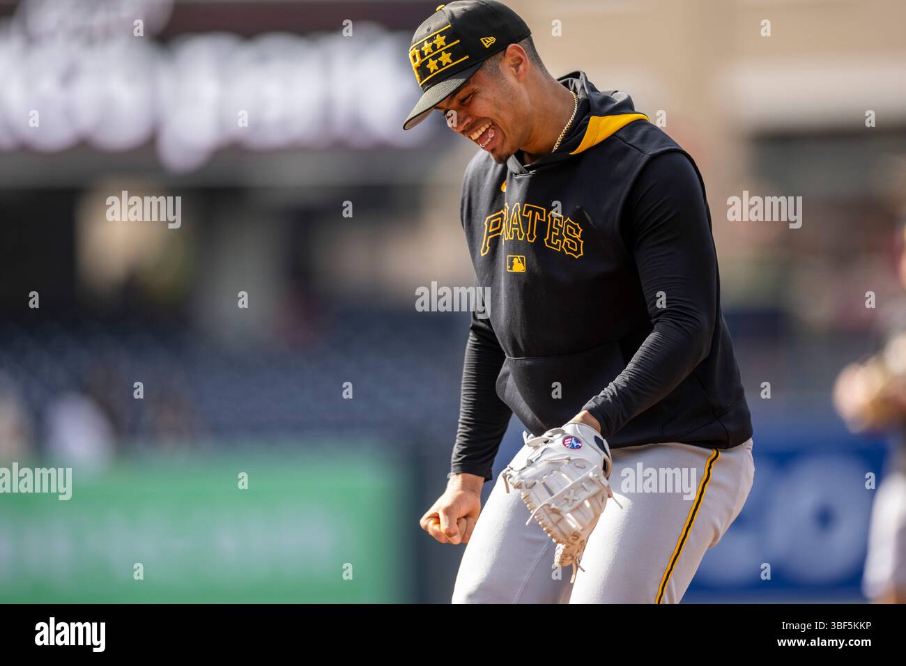 Pittsburgh Pirates' Endy Rodríguez reacts during batting practice ...