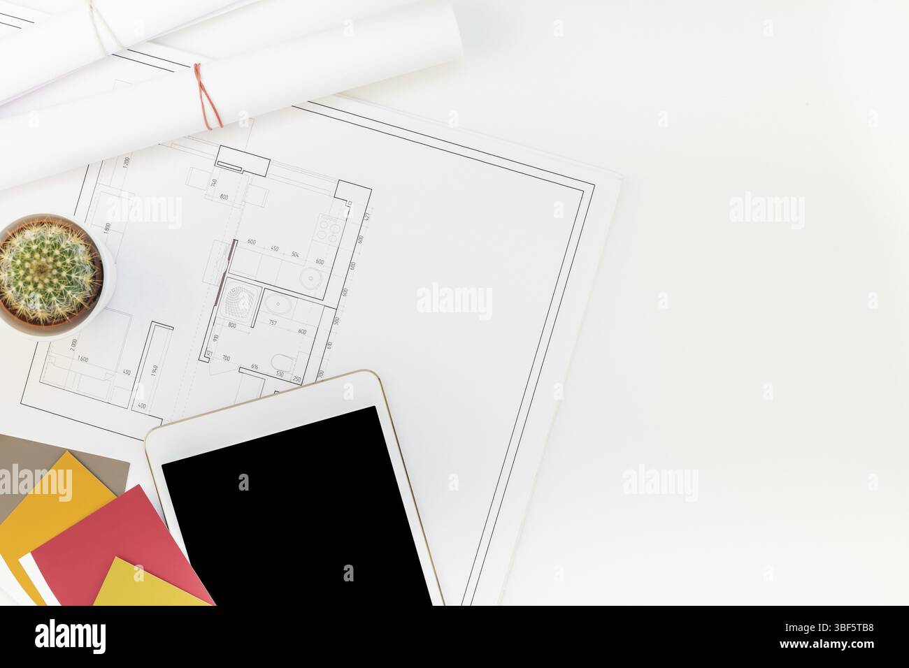 Creative flat lay overhead top view blueprints architectural flat ...