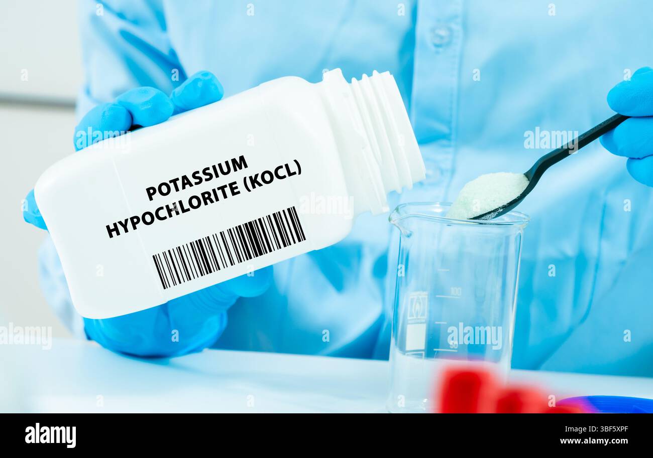 Potassium hypochlorite (KOCl). Used in water treatment and as a ...