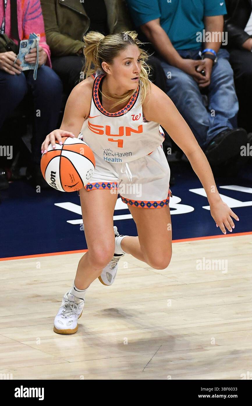 May 27, 2025: Connecticut Sun guard Jacy Sheldon (4) dribbles the ball ...