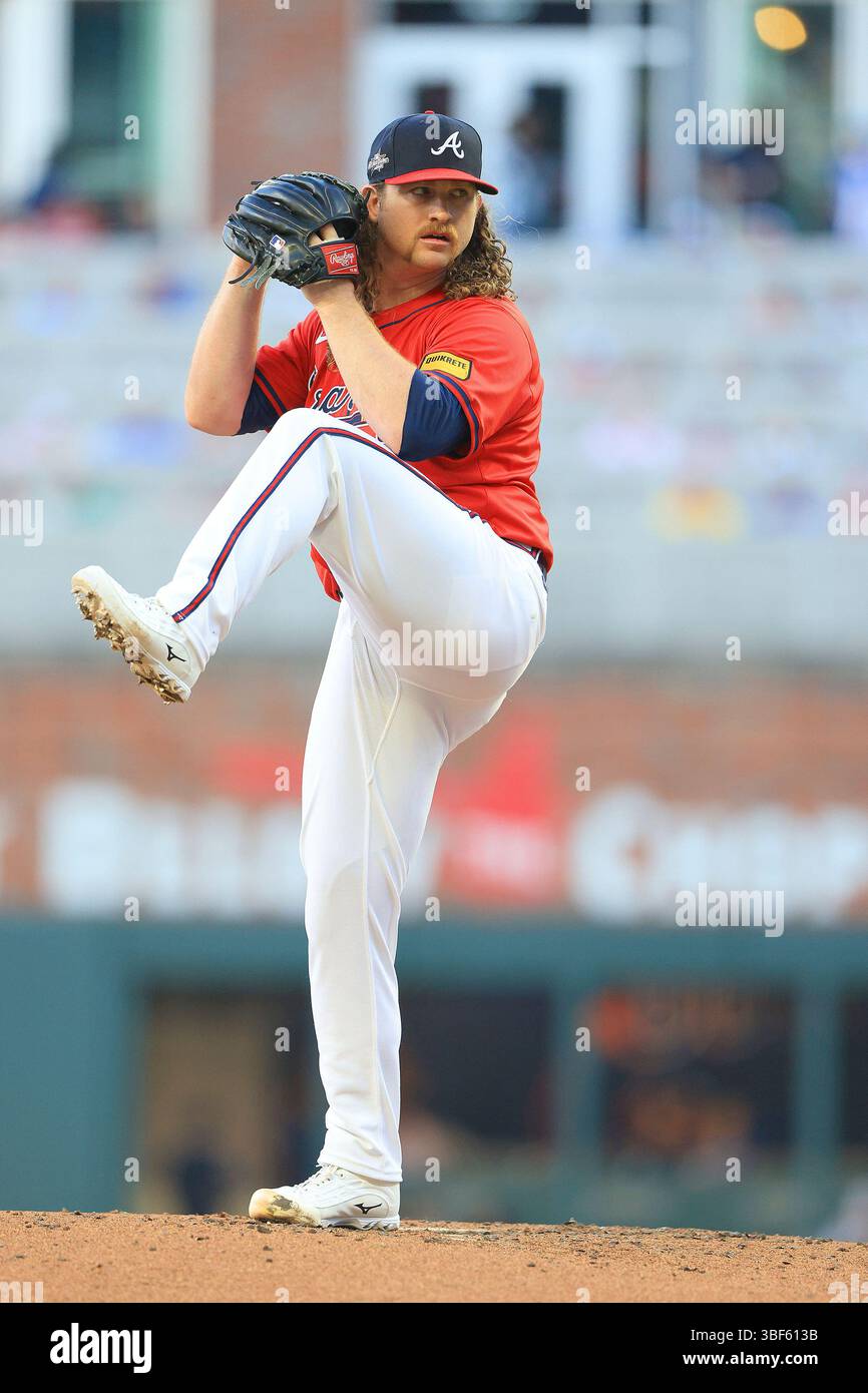 ATLANTA, GA - MAY 30: Grant Holmes #66 of the Atlanta Braves pitches ...