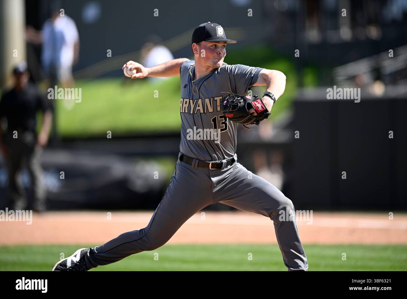 Bryant pitcher Brooks Ey (13) throws during an NCAA college baseball ...