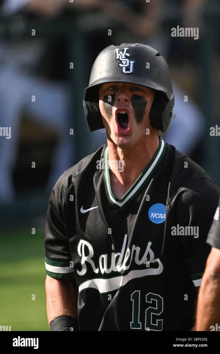 Wright State infielder Hunter Warren (12) reacts after scoring against ...