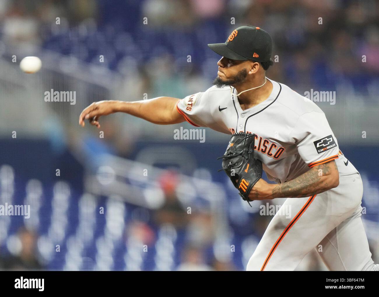 San Francisco Giants relief pitcher Camilo Doval throws during the ninth inning of a baseball ...
