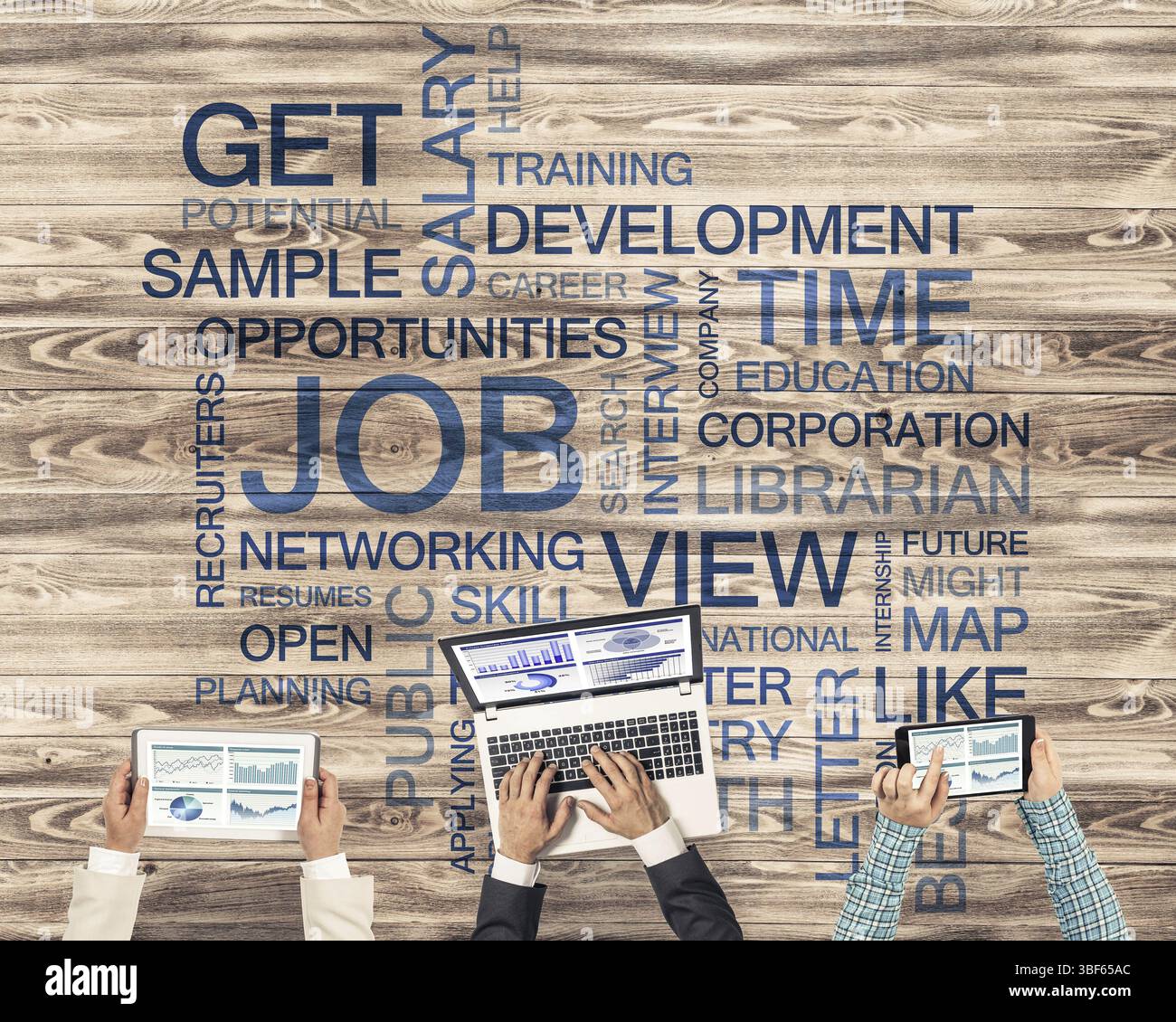 Group of three people with devices in hands working together as symbol ...