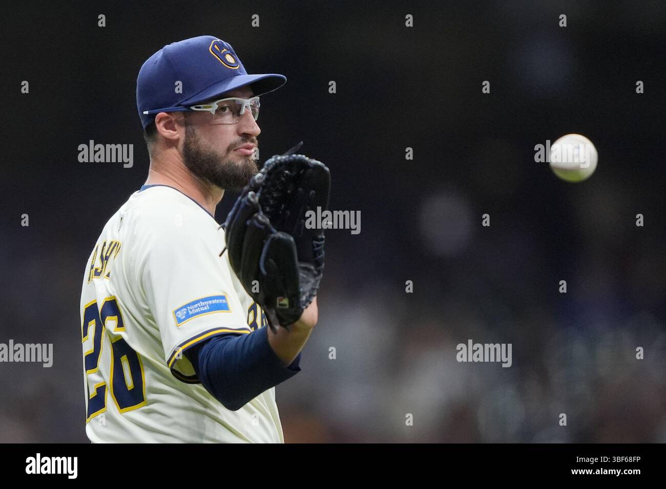 Milwaukee Brewers' Aaron Ashby looks on during a baseball game against ...