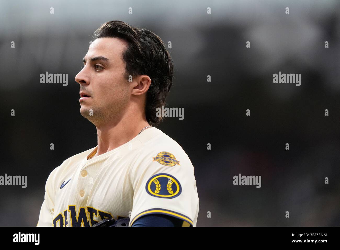 Milwaukee Brewers' Sal Frelick looks on during a baseball game against ...