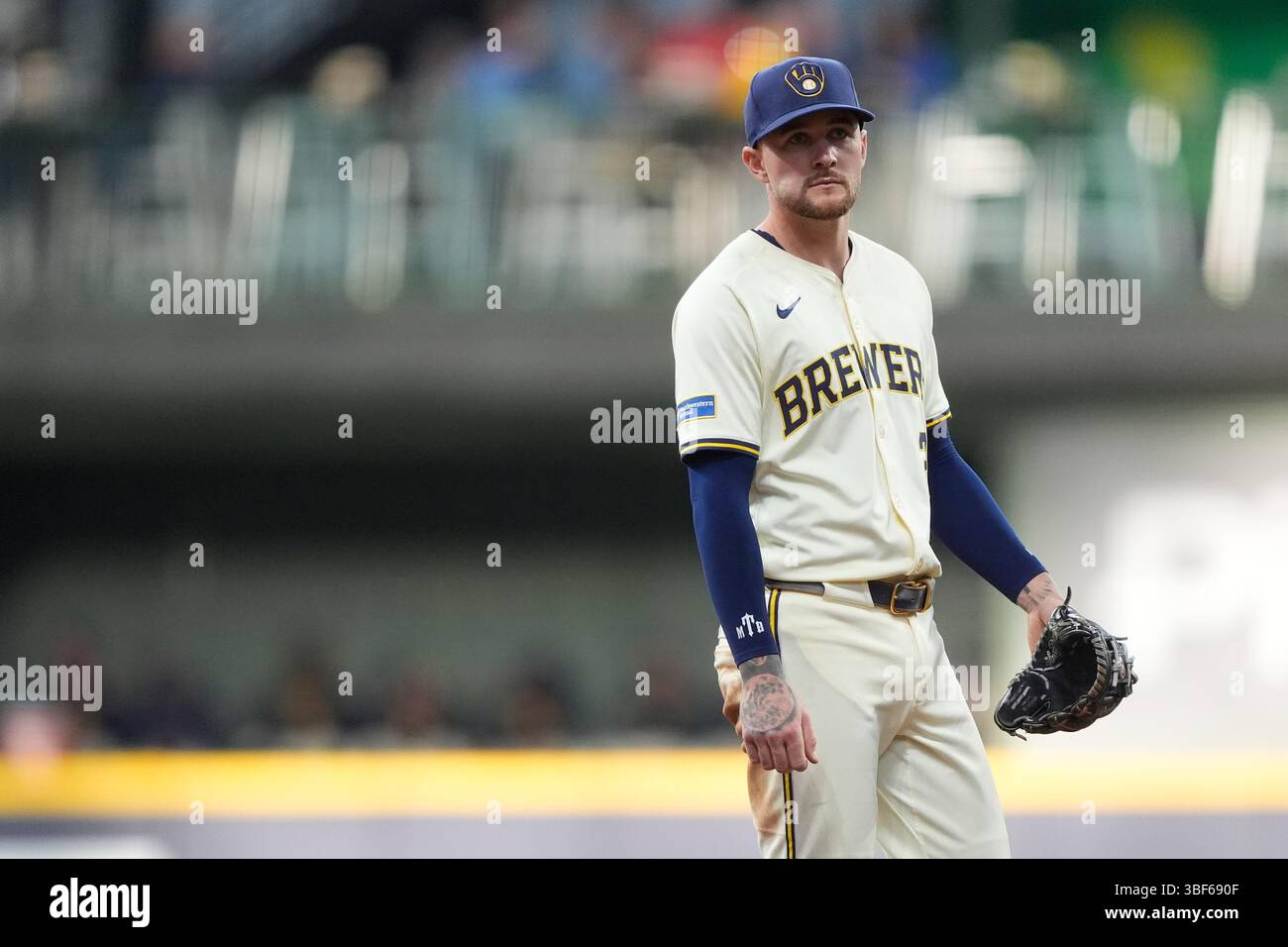 Milwaukee Brewers' Brice Turang looks on during a baseball game against ...