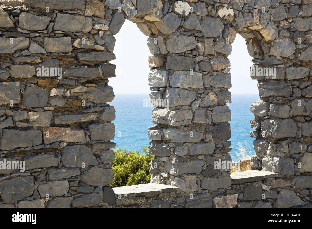 Sea view through old stone castle windows. Portovenere, Italy, Europe ...