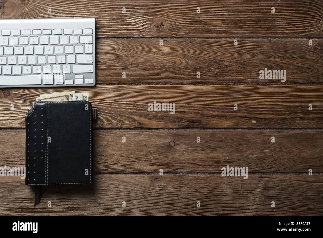 Still life of office workspace with supplies. Flat lay old vintage desk ...