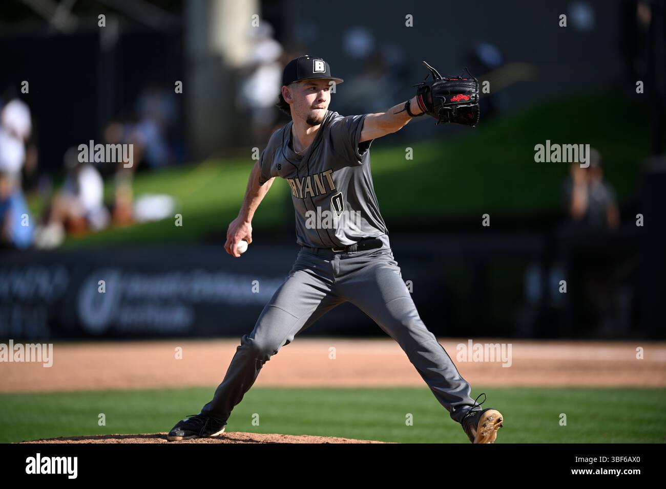 Bryant pitcher Liam Chamberlain (0) during an NCAA college baseball ...