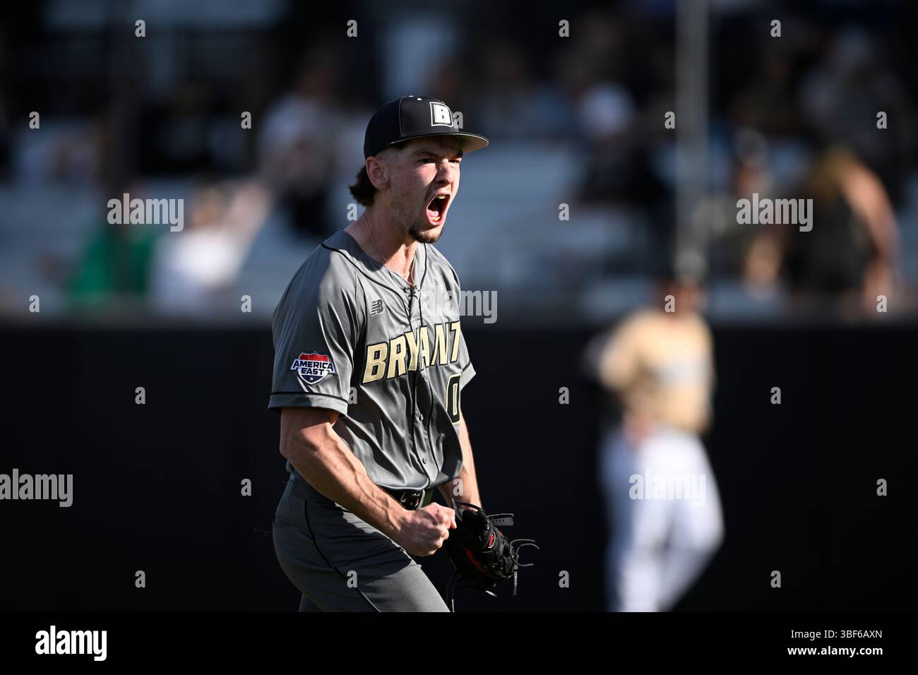 Bryant pitcher Liam Chamberlain (0) during an NCAA college baseball ...