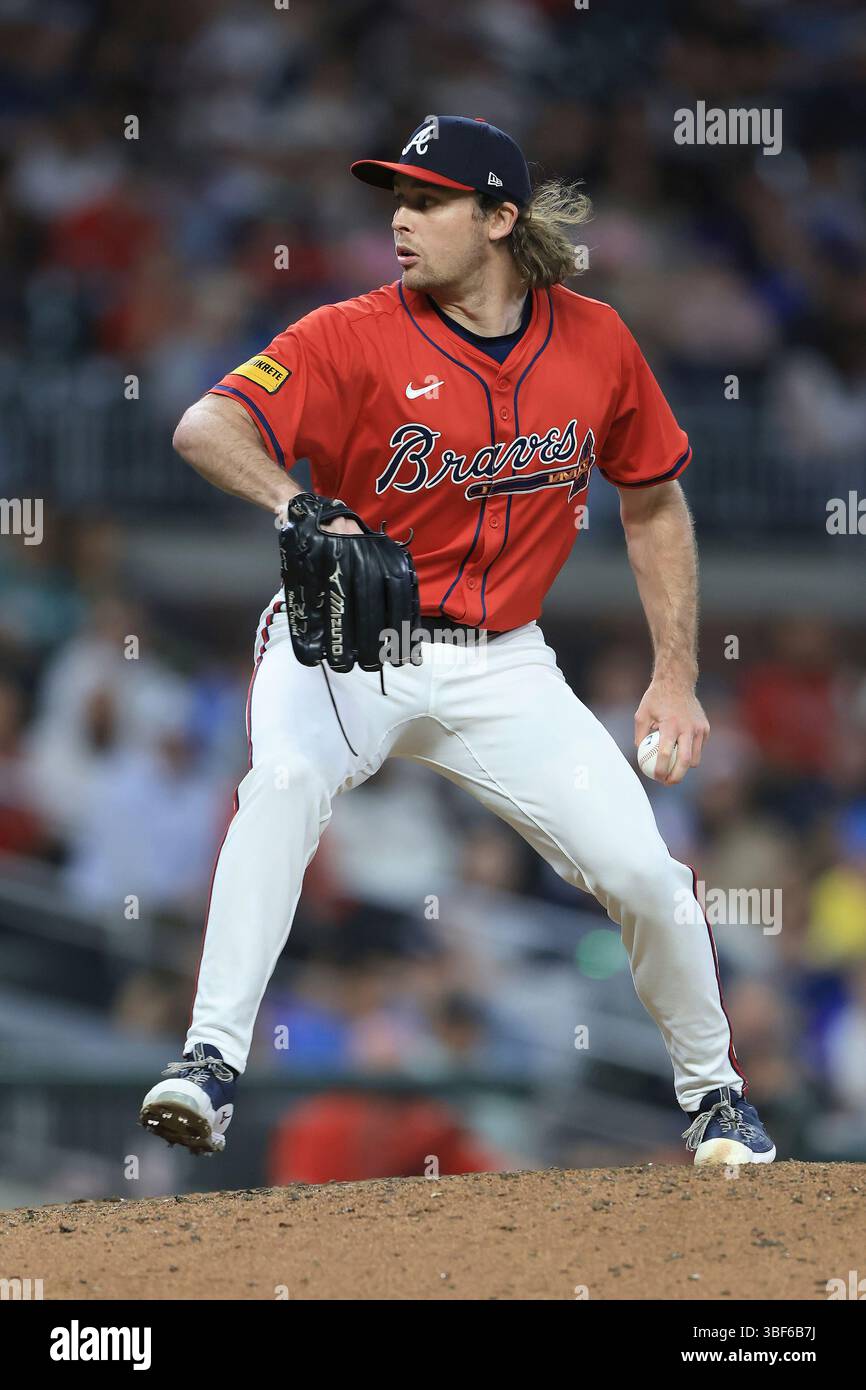 ATLANTA, GA - MAY 30: Dylan Dodd #46 of the Atlanta Braves pitches in the top of the 9th inning ...