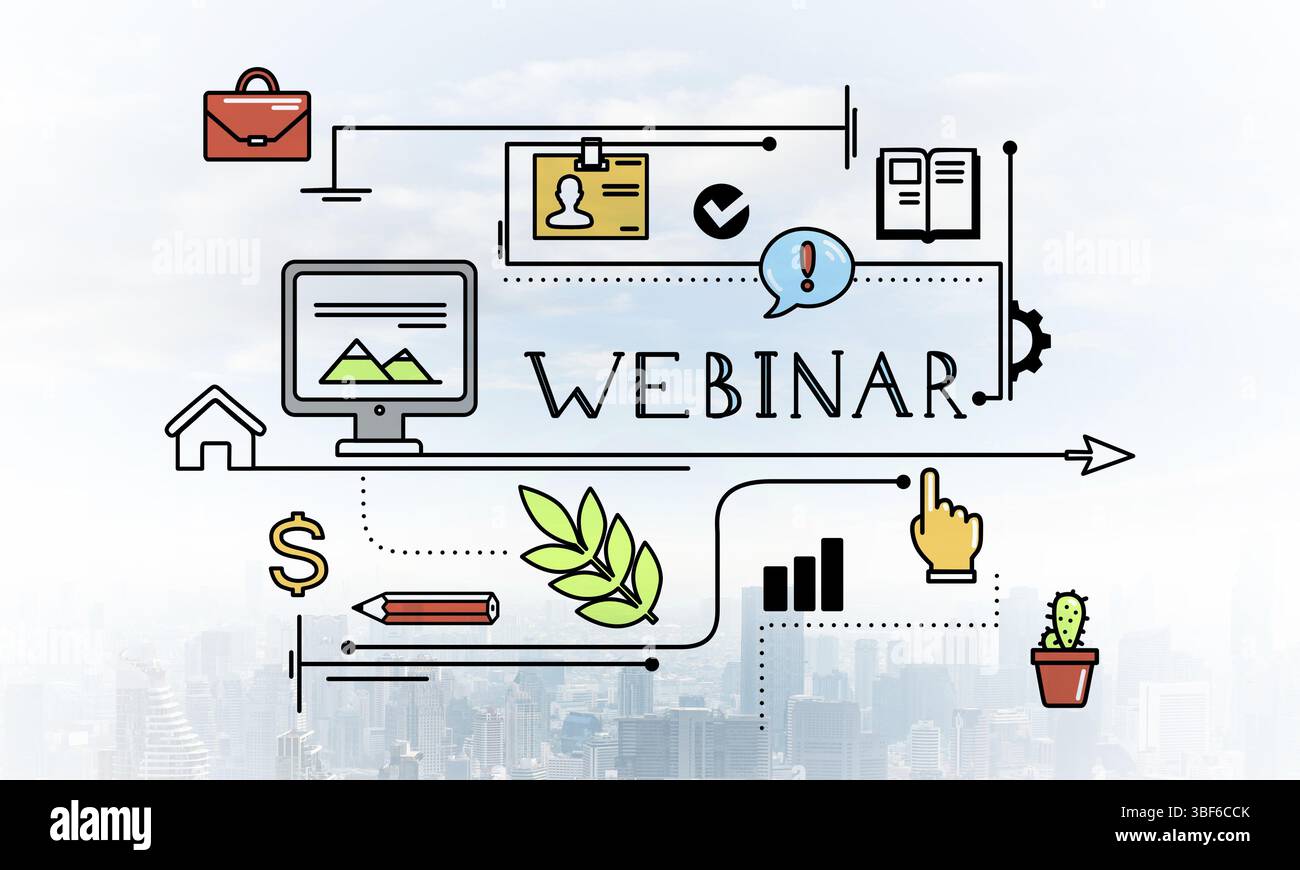 Internet webinar linear sketch on background of modern cityscape. E-learning and business ...