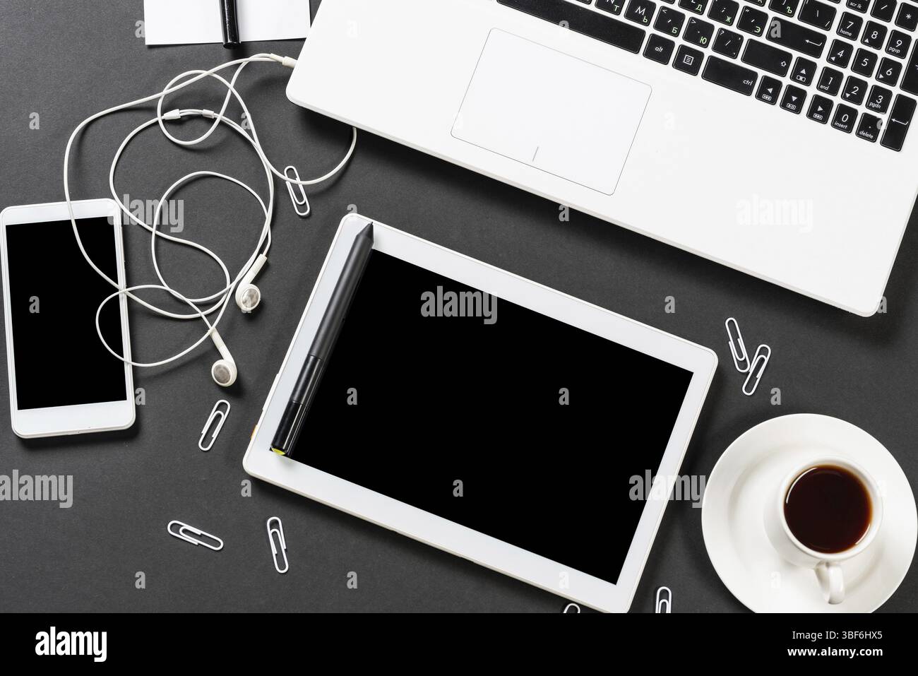 Top view of designer workplace with modern digital devices. Flat lay ...