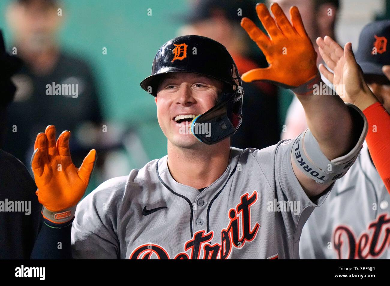 Detroit Tigers' Spencer Torkelson celebrates in the dugout after ...