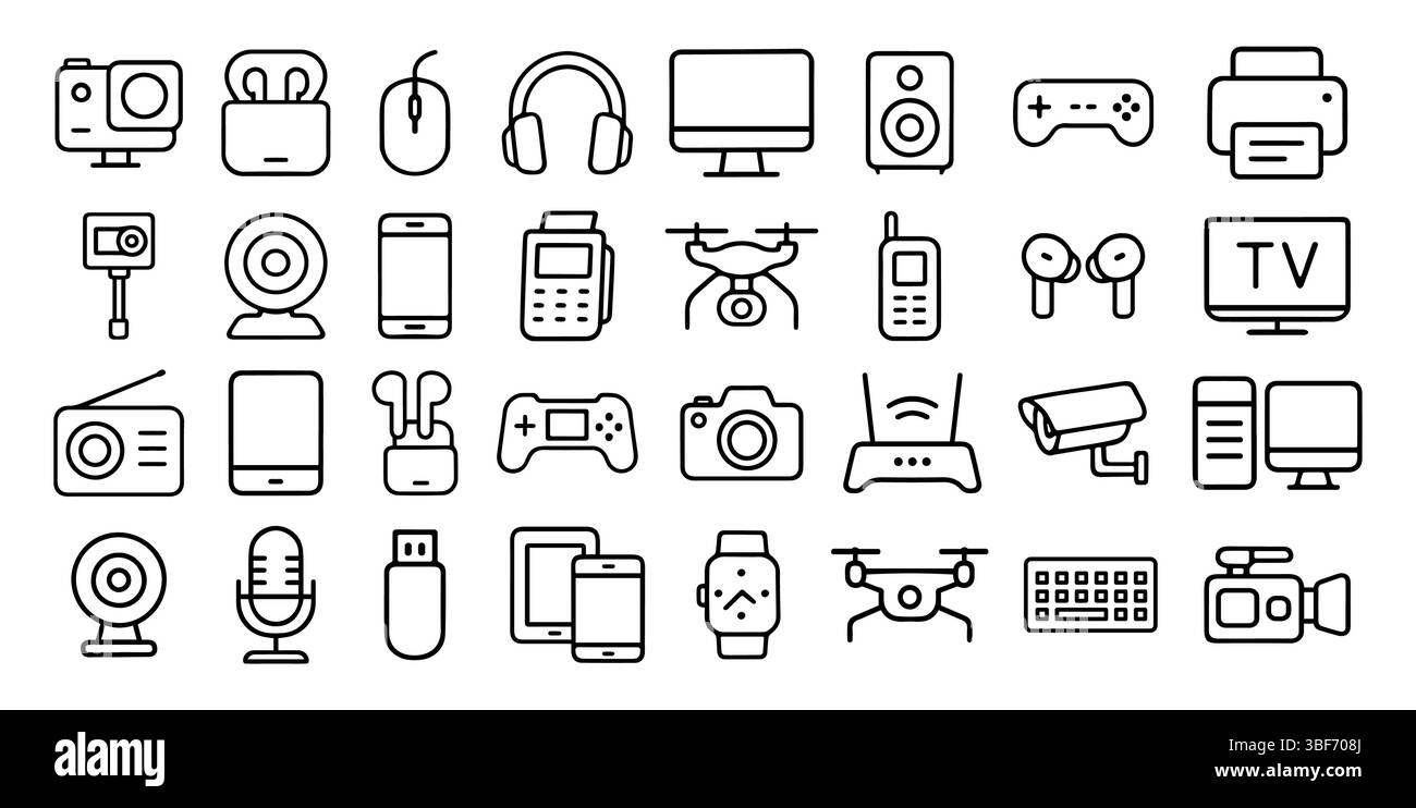 Devices icons line style set. Electronic device and gadgets icons for ...