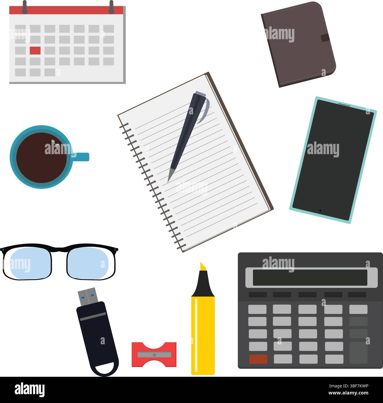Workspace office tools set, essential graphic flat design Stock Vector ...