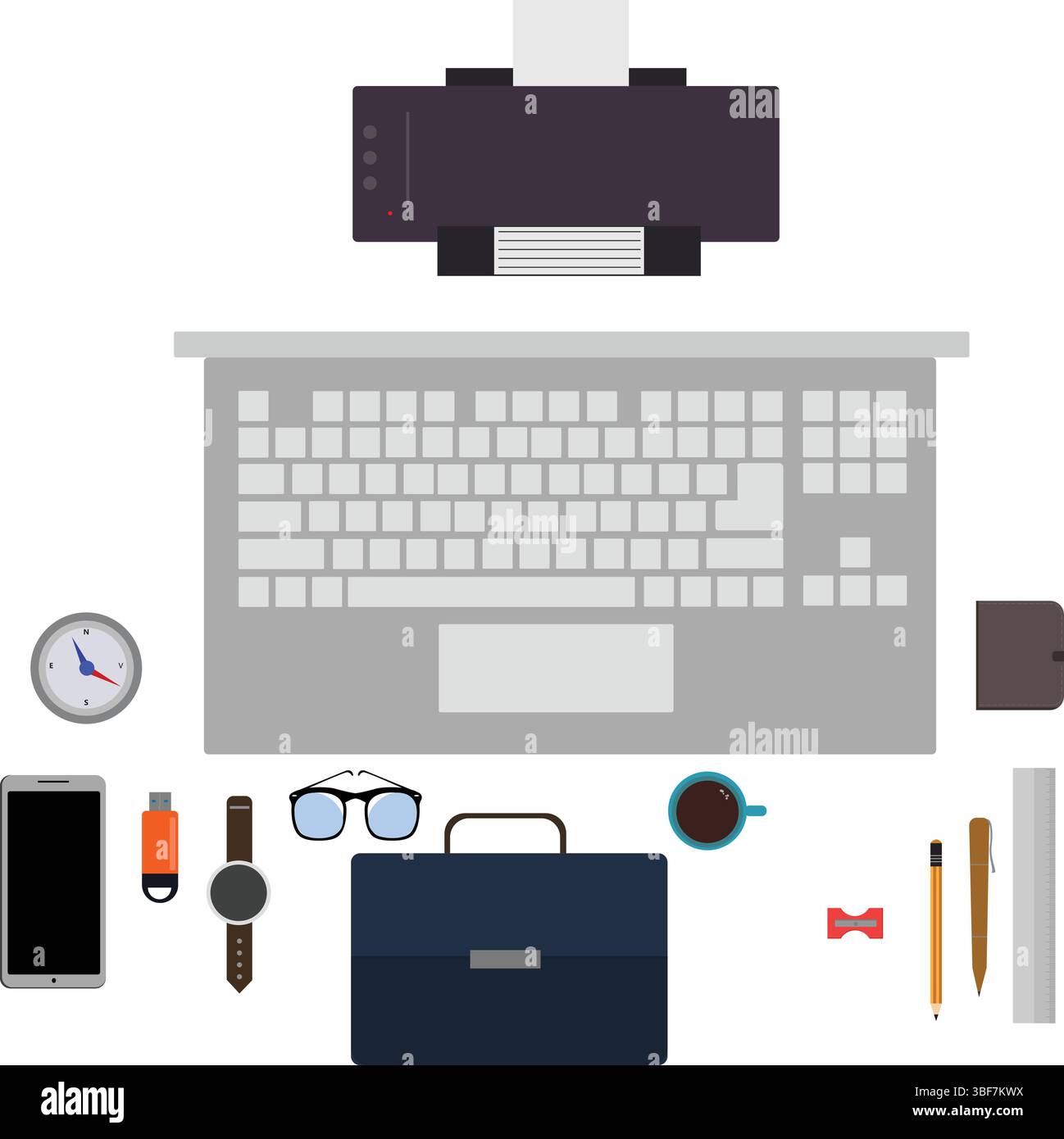 Workspace office tools set, essential graphic flat design Stock Vector ...