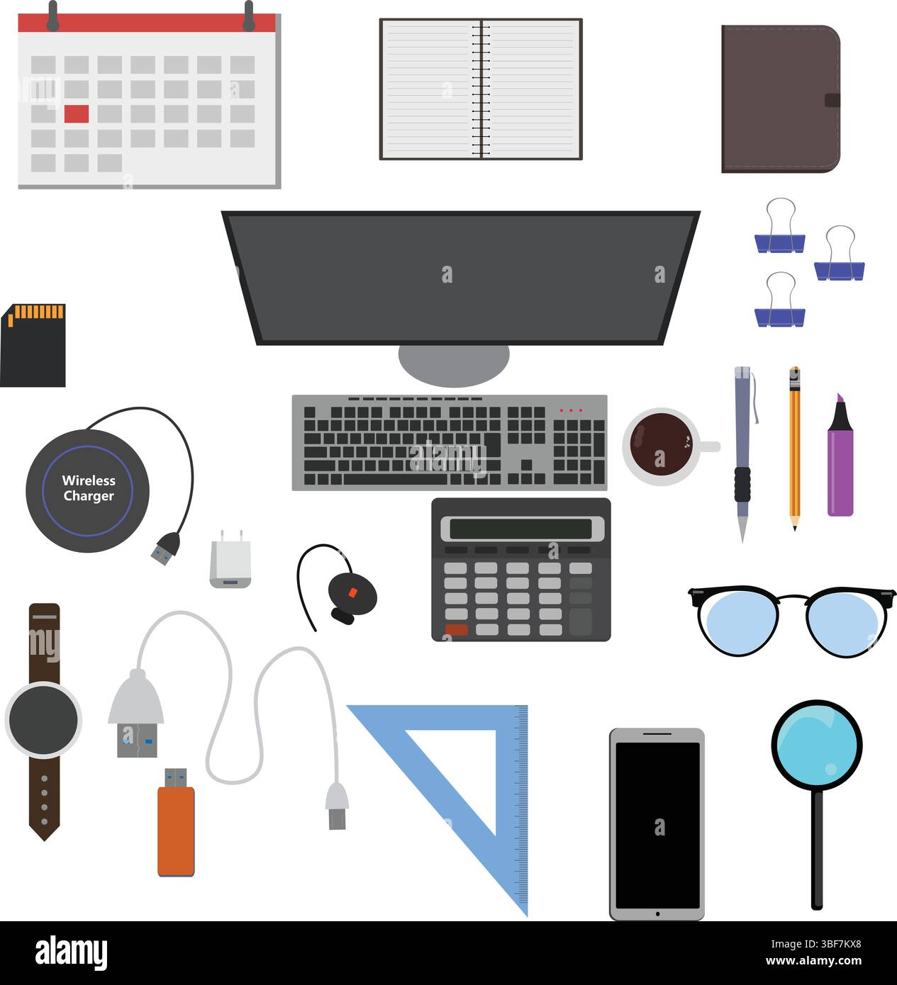 Workspace office tools set, essential graphic flat design Stock Vector ...