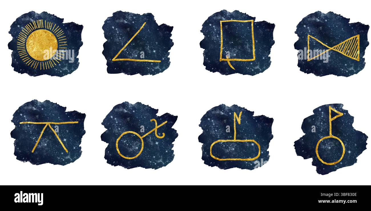 Golden astrological symbols and aspects on starry sky. Watercolor ...