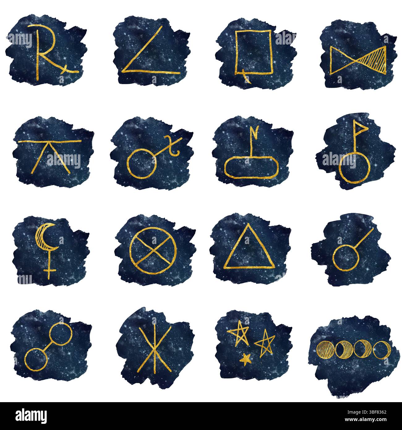 Golden astrological symbols and aspects on starry sky. Watercolor ...