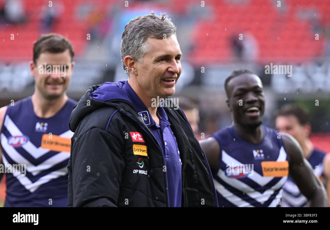 Gold Coast, Australia. 31st May, 2025. Dockers coach Justin Longmuir following the AFL Round 12 ...