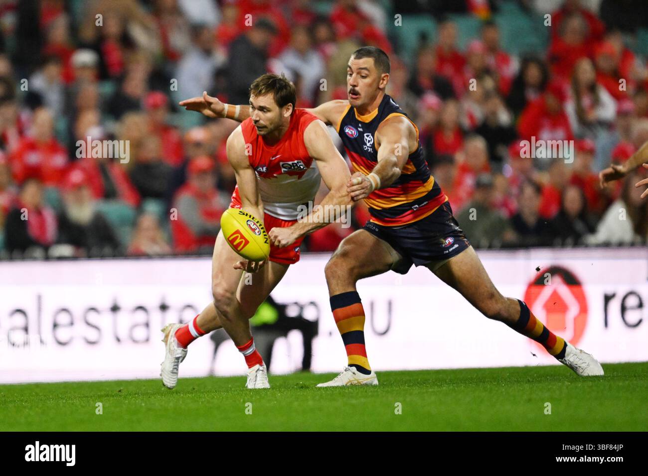 Sydney, Australia. 31st May, 2025. Matt Roberts of the Swans handballs ...