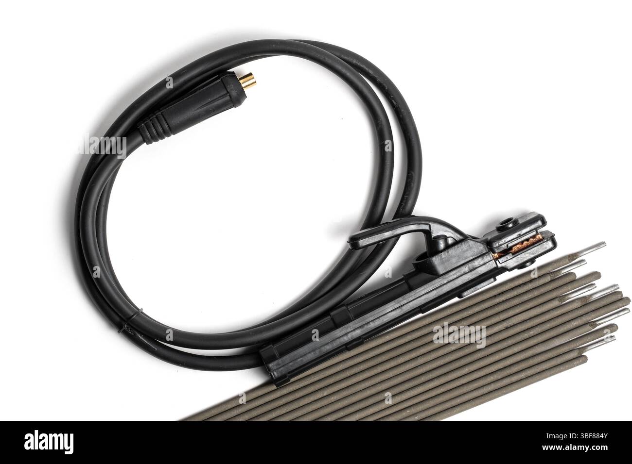 Cable with welding electrode holder and set electrodes on white ...