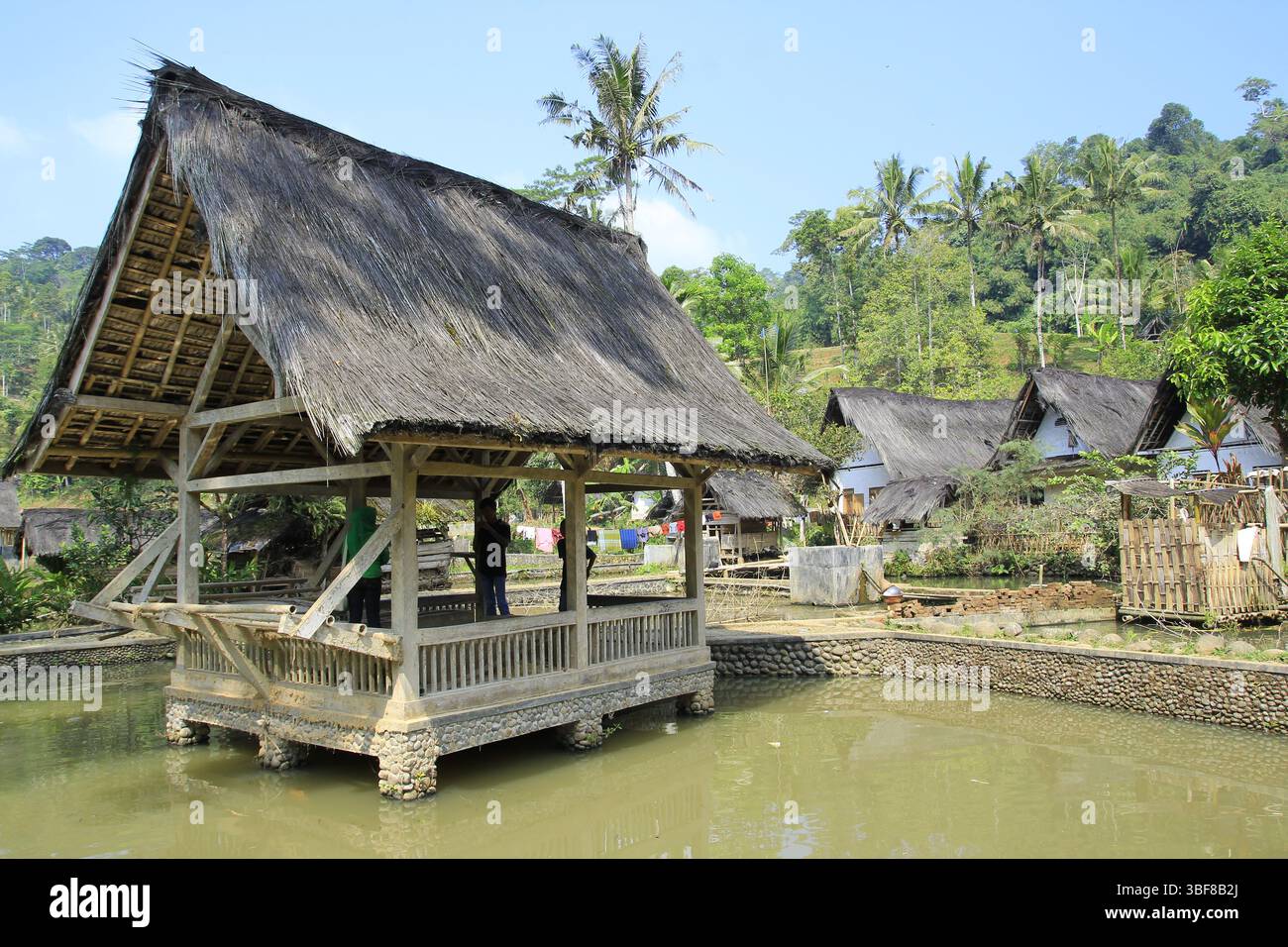 A simple hut built on a fish pond for the agricultural processing ...