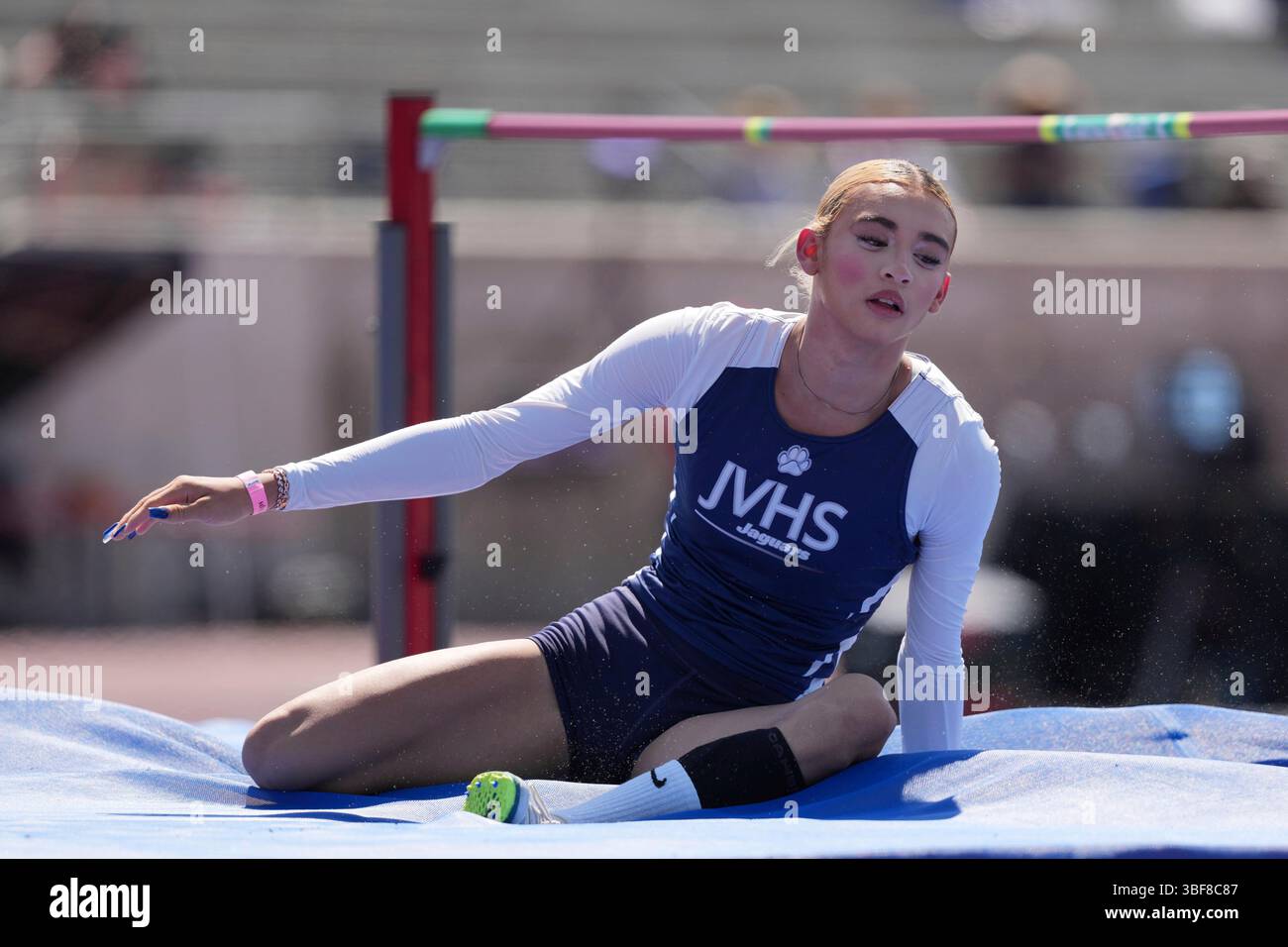 Transgender athlete AB Hernandez of Jurupa Valley reacts after a ...