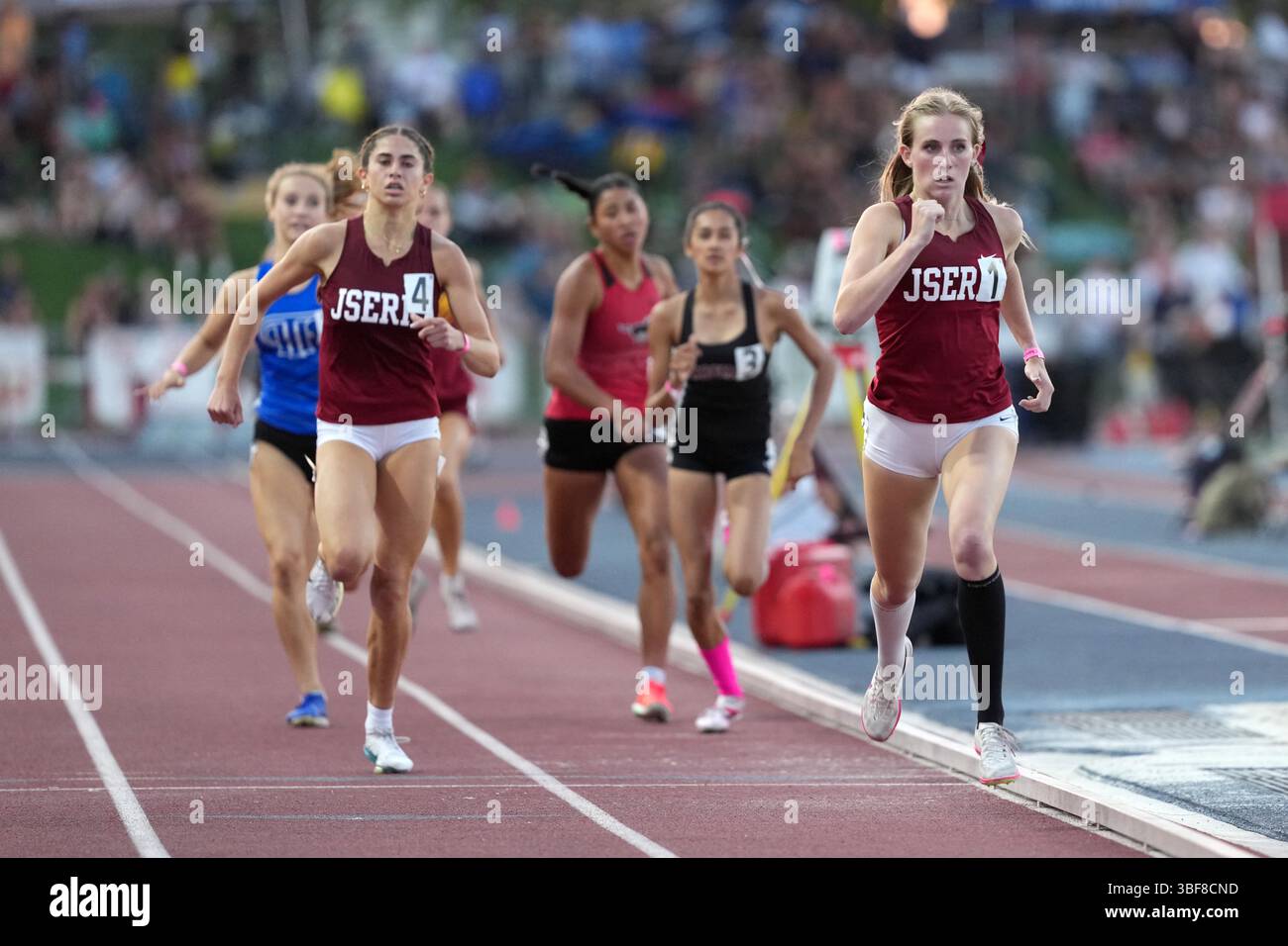 Anne Elise Packard (right) and Chloe Elbaz of JSerra place first and second in girls 800m heat ...