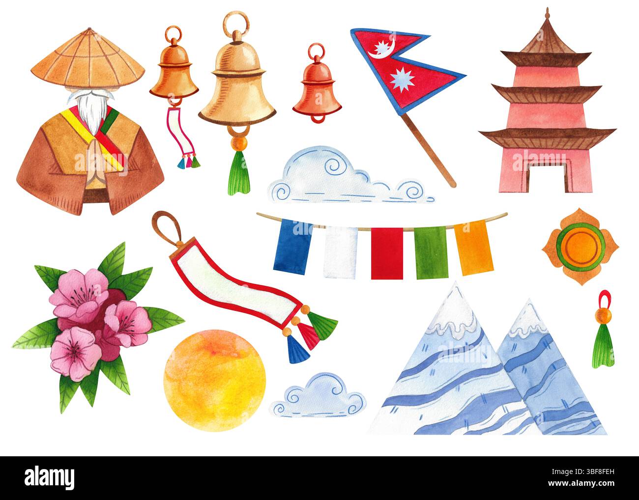 Set of watercolor Nepalese traditional items and objects. Hand drawn ...