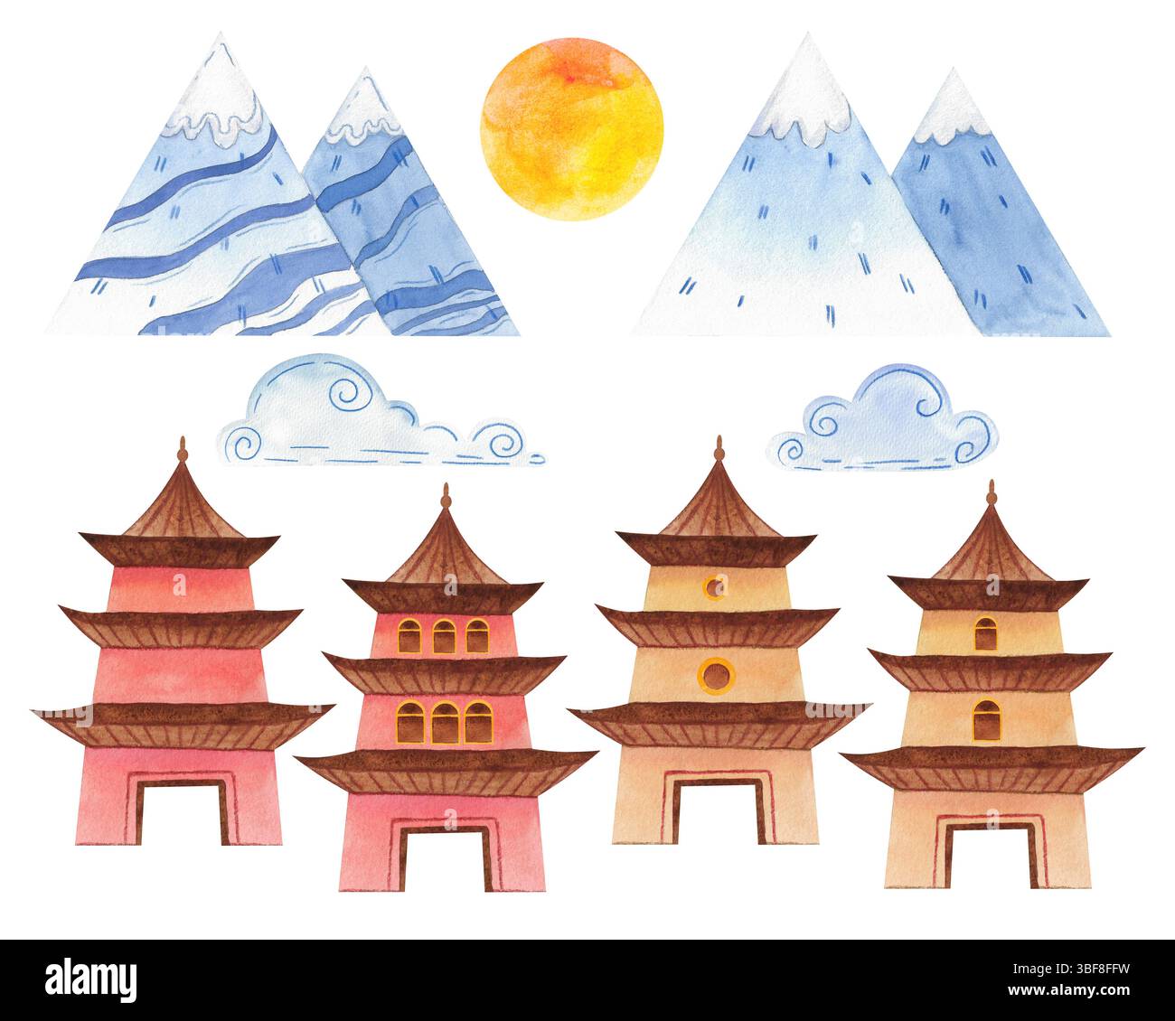 Set of watercolor Nepalese traditional items and objects. Hand drawn ...