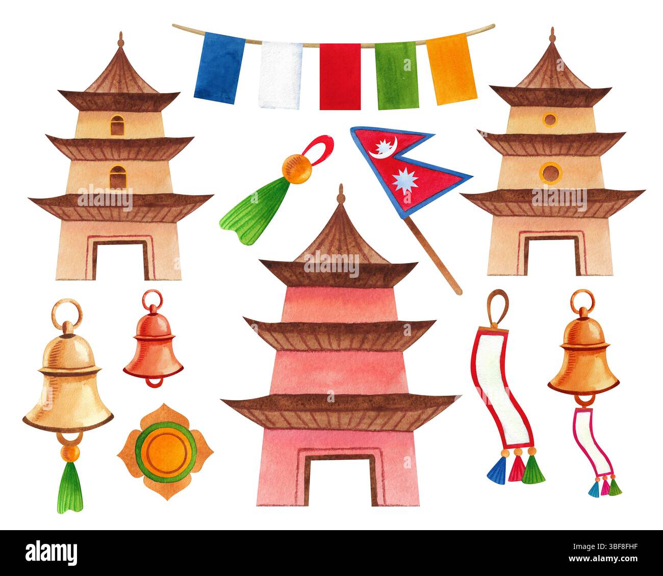 Set of watercolor Nepalese traditional items and objects. Hand drawn ...
