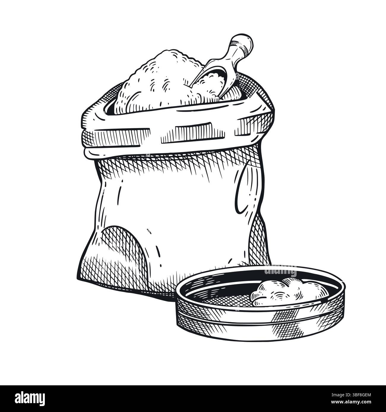 Bag of flour and wooden scoop, sieve for sifting flour. Vector ...