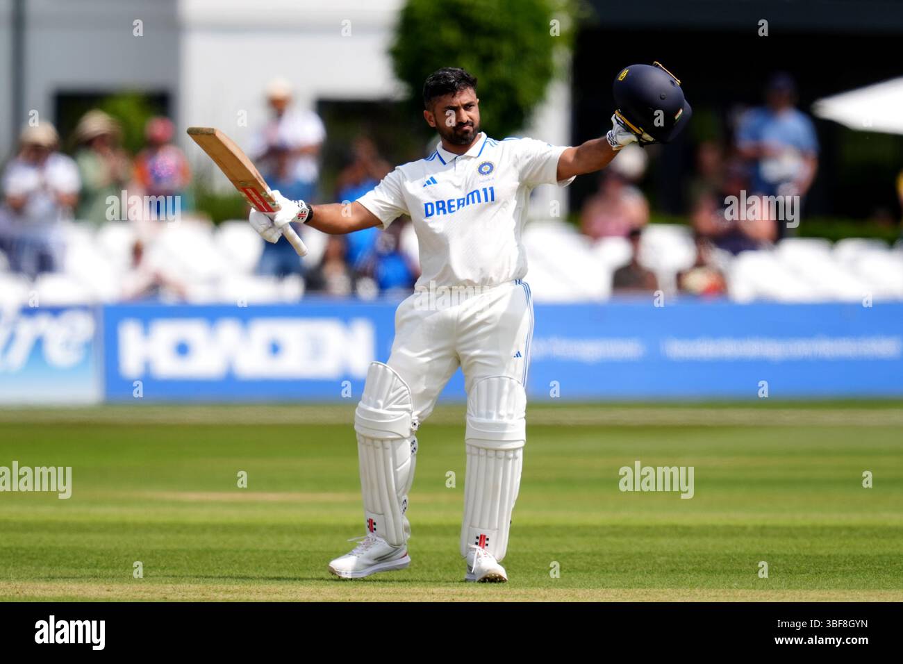 India A’s Karun Nair celebrates reaching 200 during the test match at ...