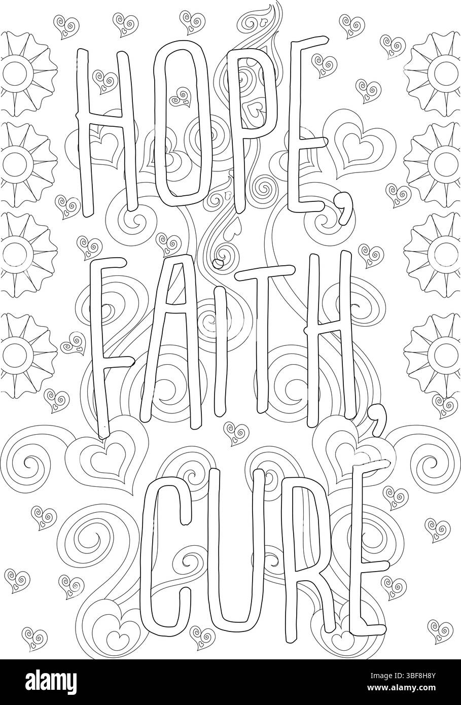 Black and white line art illustration featuring the words 'HOPE, FAITH ...
