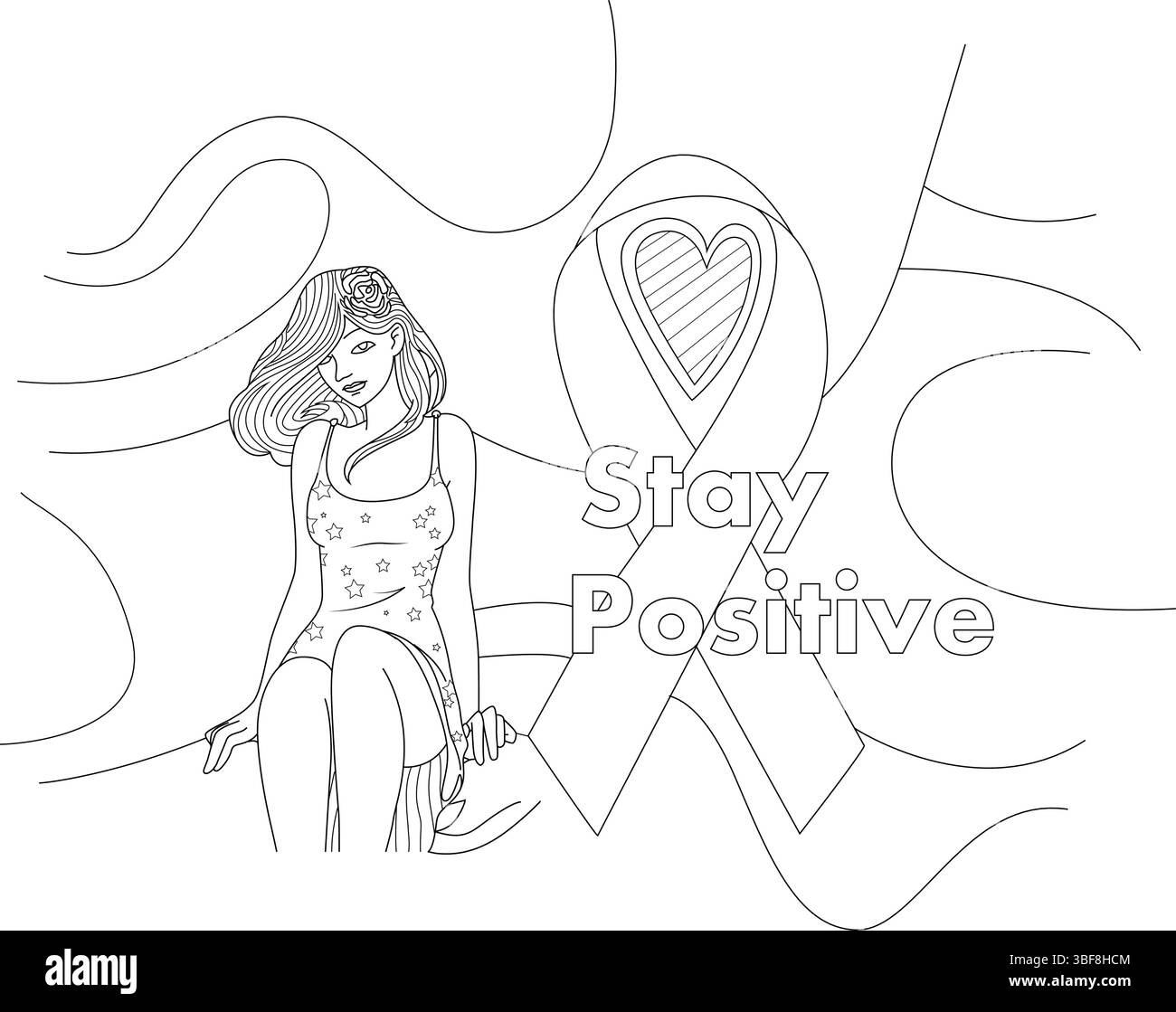 Black and white line drawing featuring a woman, an awareness ribbon ...