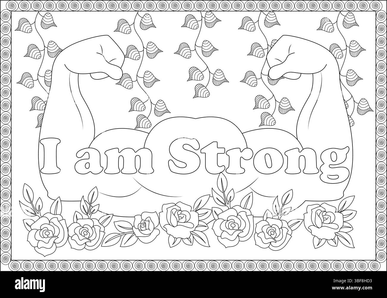Line art illustration featuring flexing muscles and the phrase 'I am ...